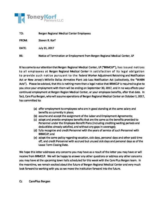 WARN Letter Response - Revised - Health Professionals & Allied Employees